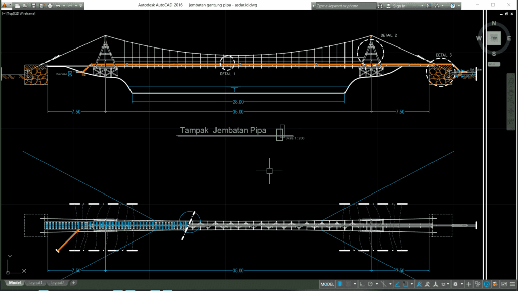 Download Gambar Jembatan Gantung Pipa DWG AutoCAD - Asdar Id