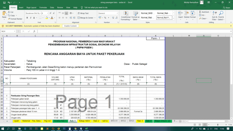 Contoh Format RAB Jalan Siring Pasangan Batu untuk Dana Desa - Asdar Id