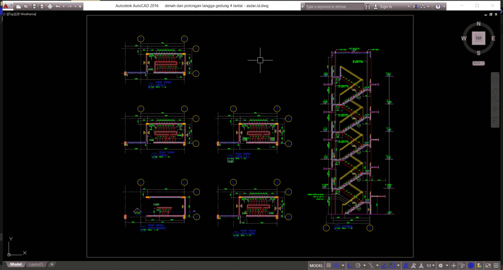 Download Denah dan Potongan Tangga Gedung 4 Lantai DWG AutoCAD - Asdar Id
