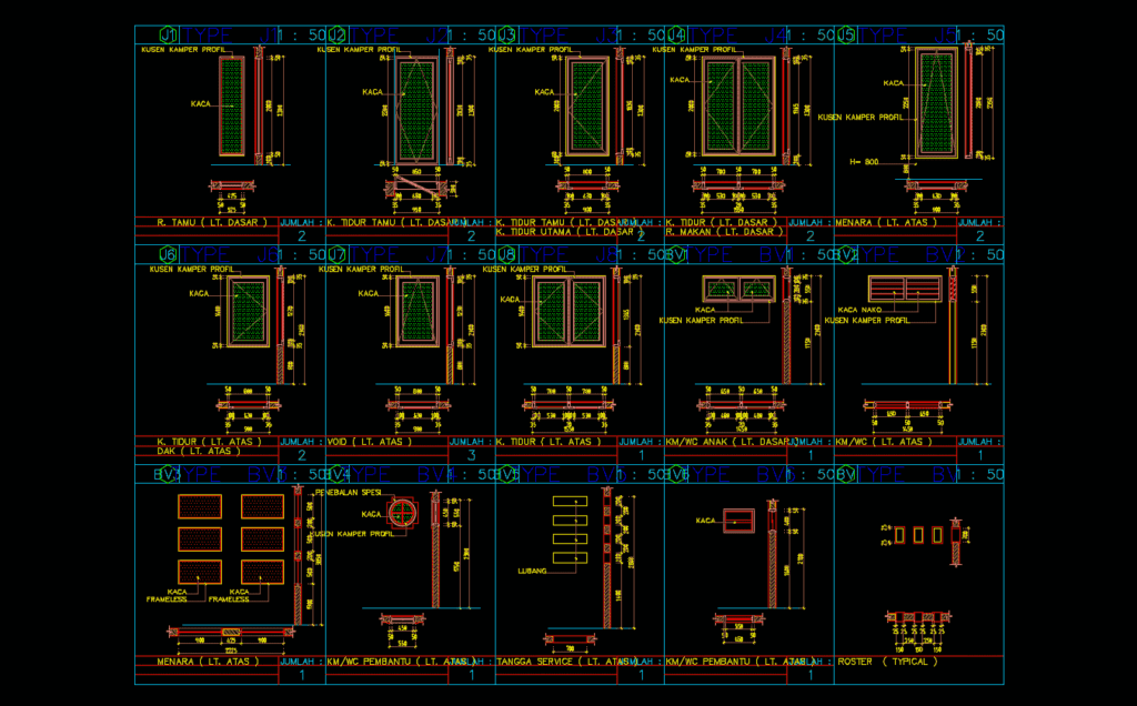 Download Detail Jendela Semua Type Format DWG AutoCAD - Asdar Id