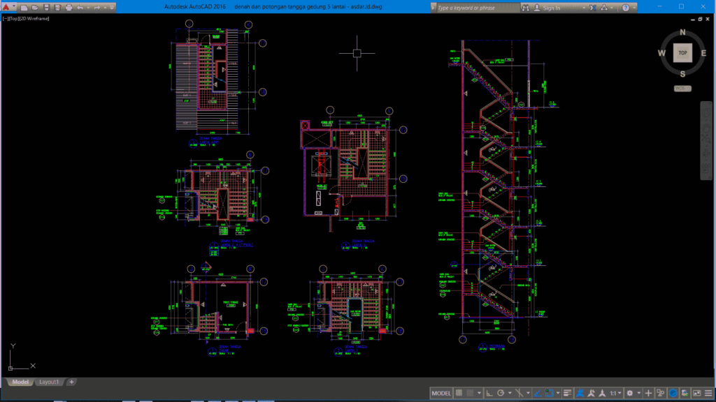 Download Denah dan Potongan Tangga Gedung 5 Lantai DWG AutoCAD - Asdar Id