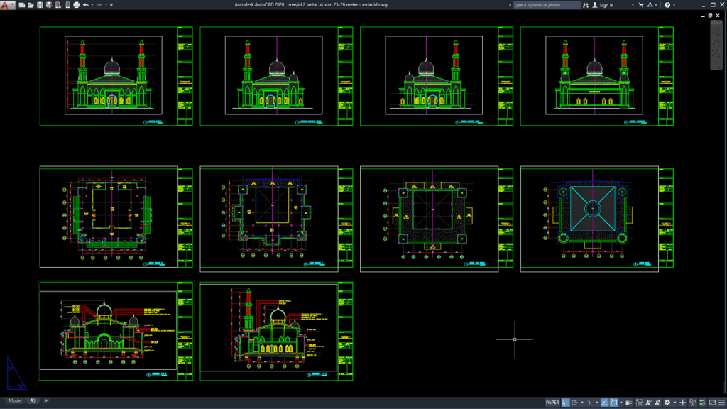 Download Desain Masjid 2 Lantai Ukuran 23x26 Meter DWG AutoCAD - Asdar Id