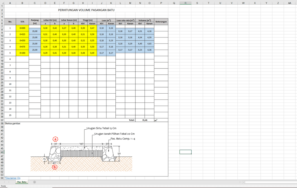 Download Perhitungan Volume Pasangan Batu Format XLSX Excel - Asdar Id