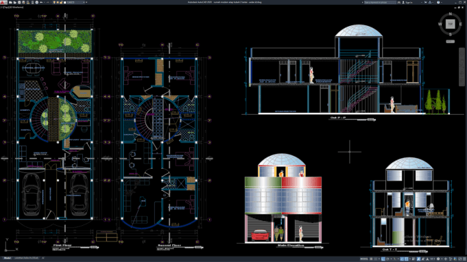 Download Desain Rumah Modern Atap Kubah 2 Lantai DWG AutoCAD - Asdar Id