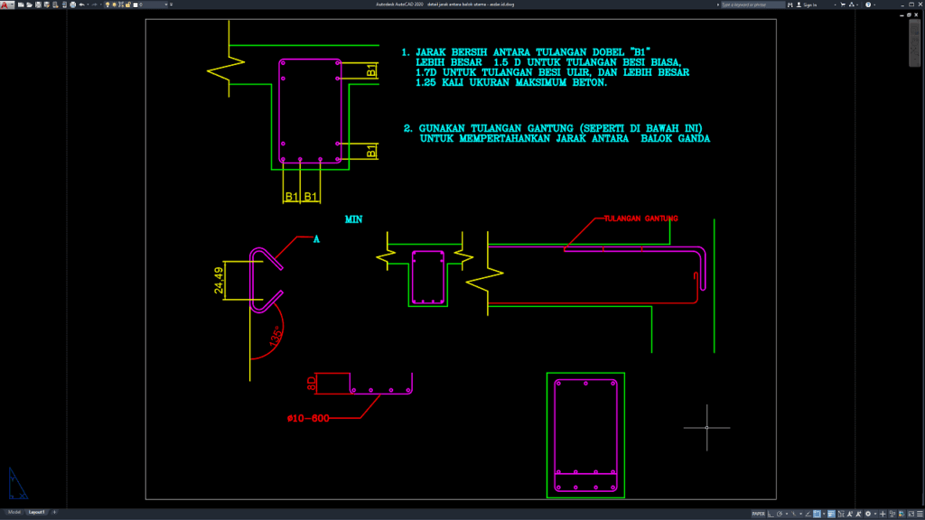 Download Gambar Detail Jarak Antara Balok Utama DWG AutoCAD - Asdar Id